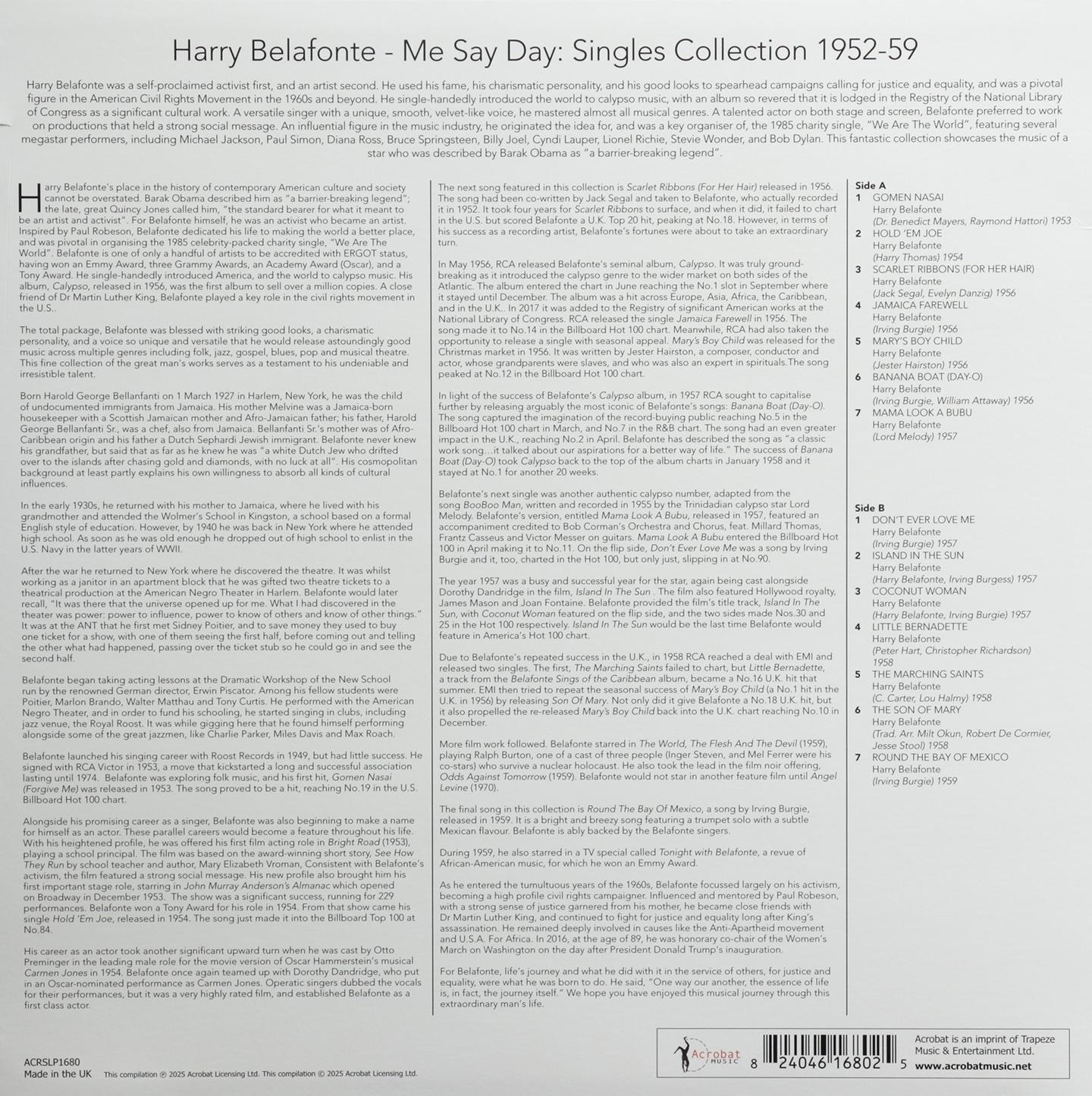 HARRY BELAFONTE: Me Say Day--Singles Collection, 1952-59 - HamiltonBook.com